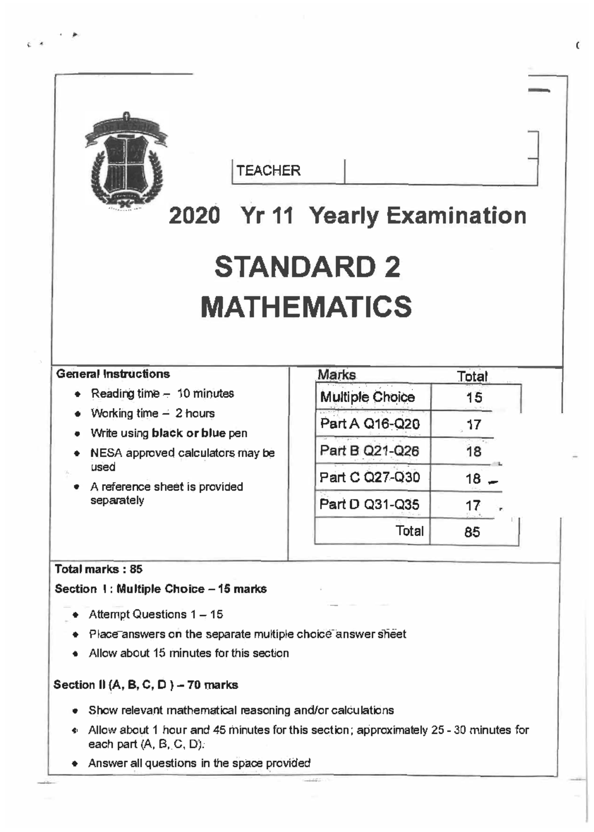 Yr 11 Standard 2 Mathematics Yearly Exam Solutions 2020 - Studocu