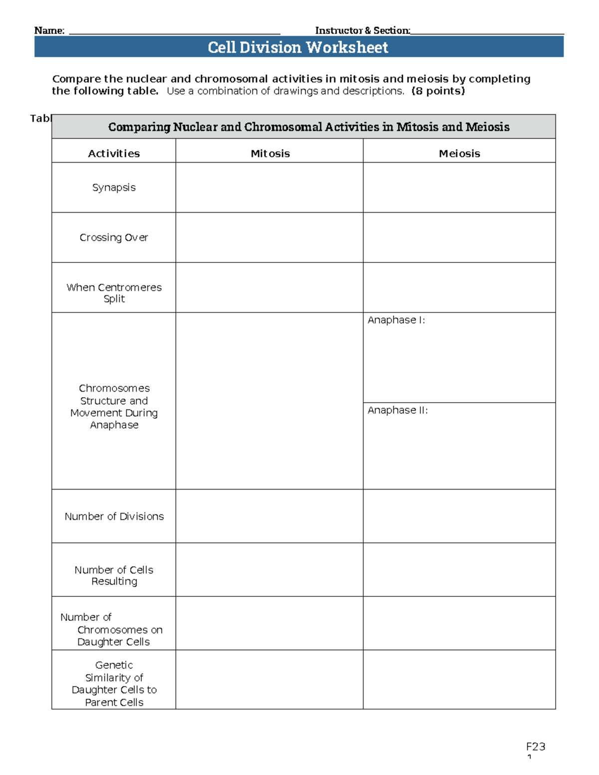 Cell Division Worksheet F23 - Name: Instructor & Section: Cell Division ...