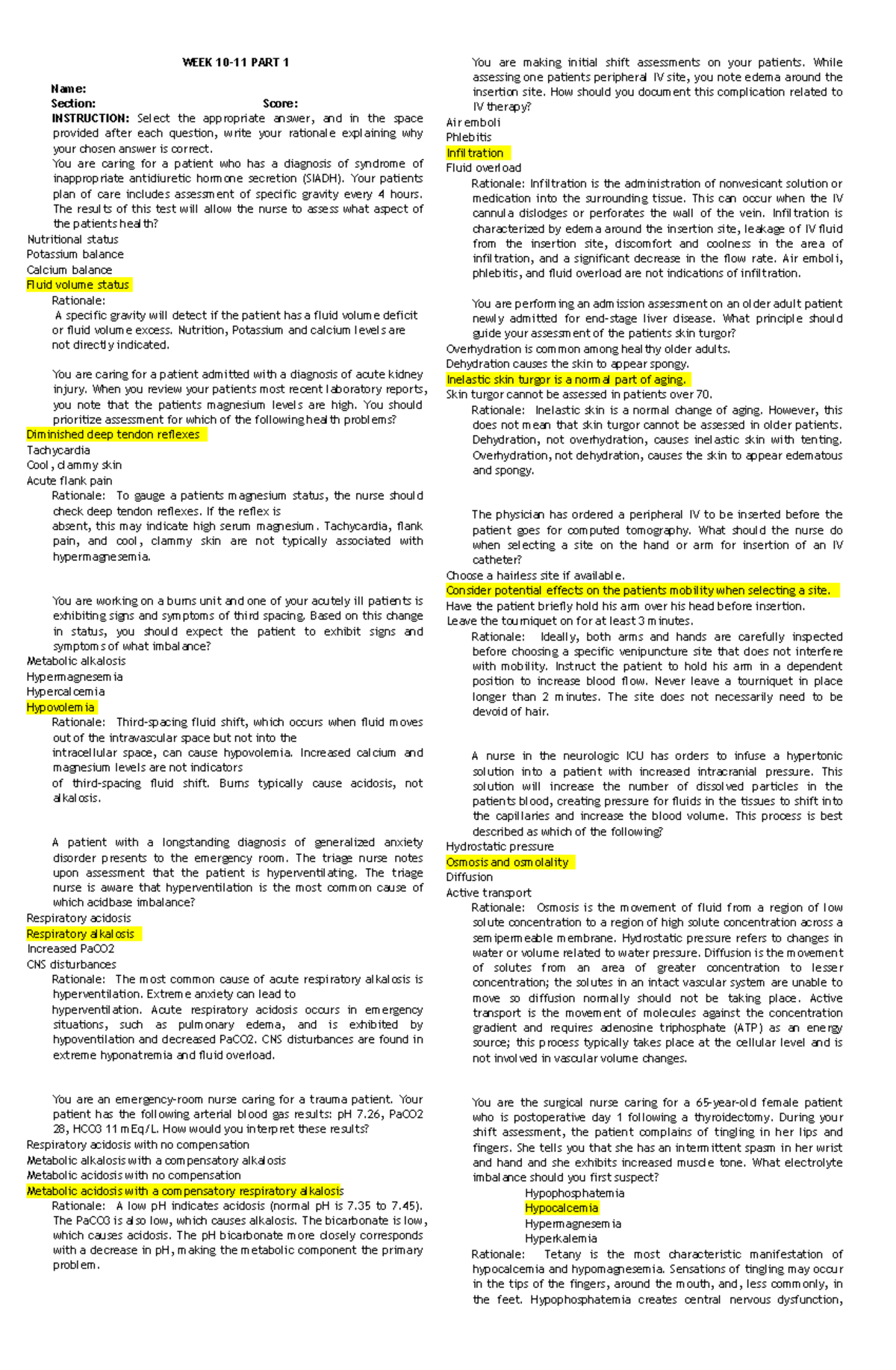 WEEK 10-11 Skills Enhancement Answer Key for Nursing Assessments - Studocu