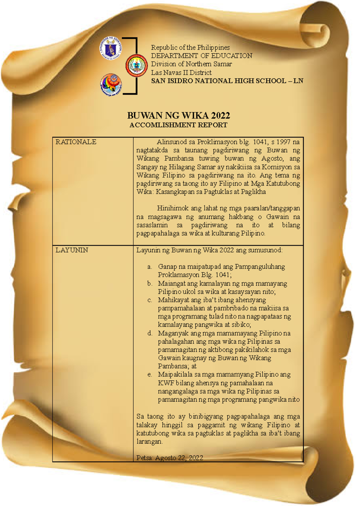 ACR Buwan ng Wika 2022 - San Isidro National High School Report - Studocu