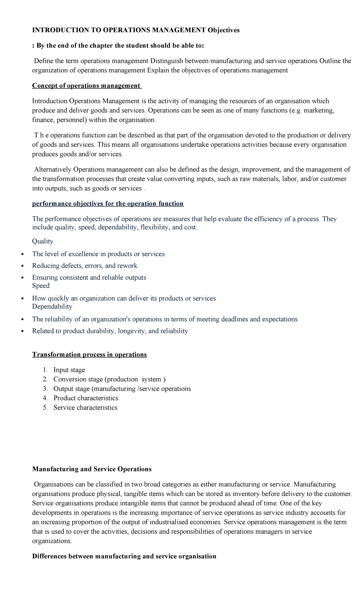 Introduction TO Operations Management - INTRODUCTION TO OPERATIONS MANAGEMENT Objectives : By ...