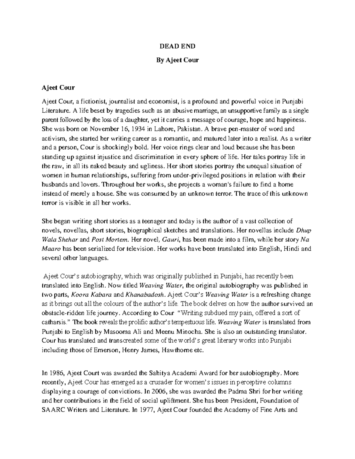 Ajeet Cour's "Dead End": Summary & Key Themes in Women's Narratives ...