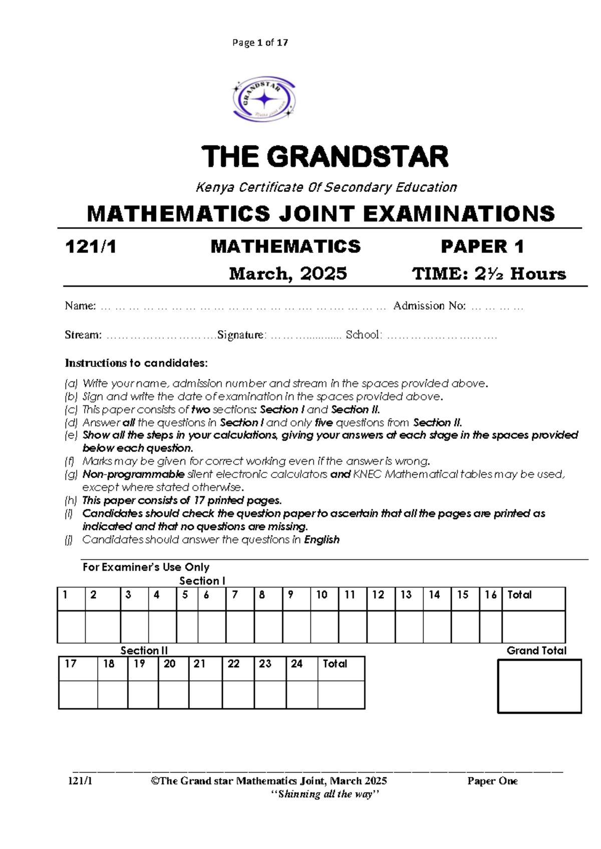 Grand Star KCSE Mathematics Joint Exam Paper 1, March 2025 - Studocu
