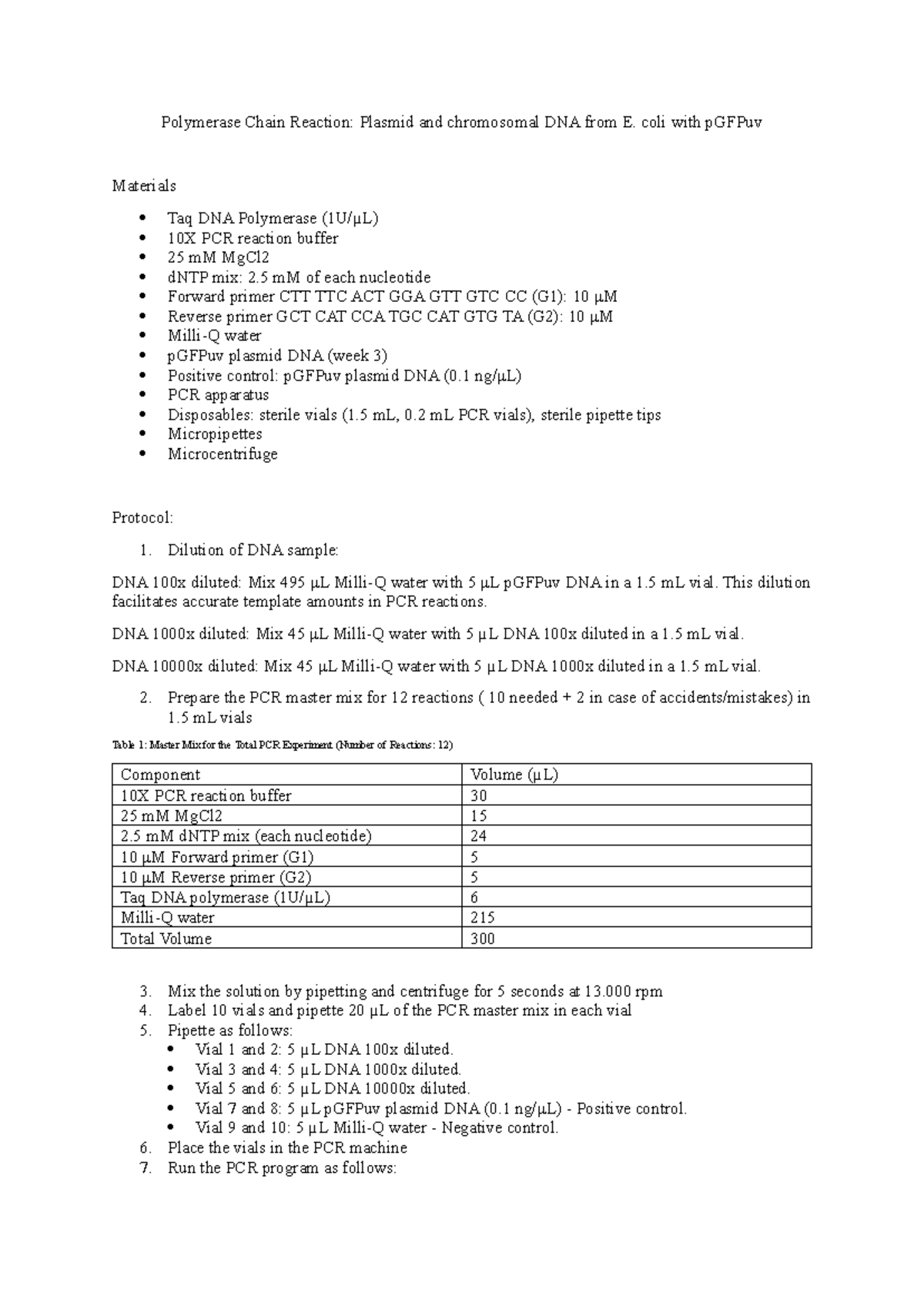 PCR Protocol for pGFPuv Plasmid DNA Analysis - Studeersnel