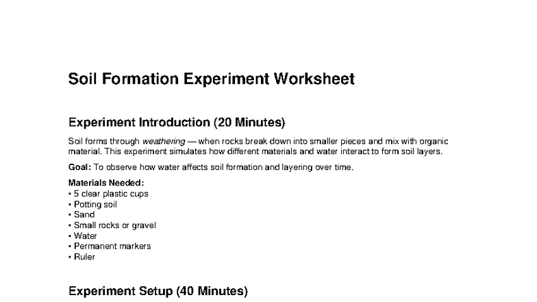 Soil Formation Experiment Worksheet: Observing Layering Effects - Studocu