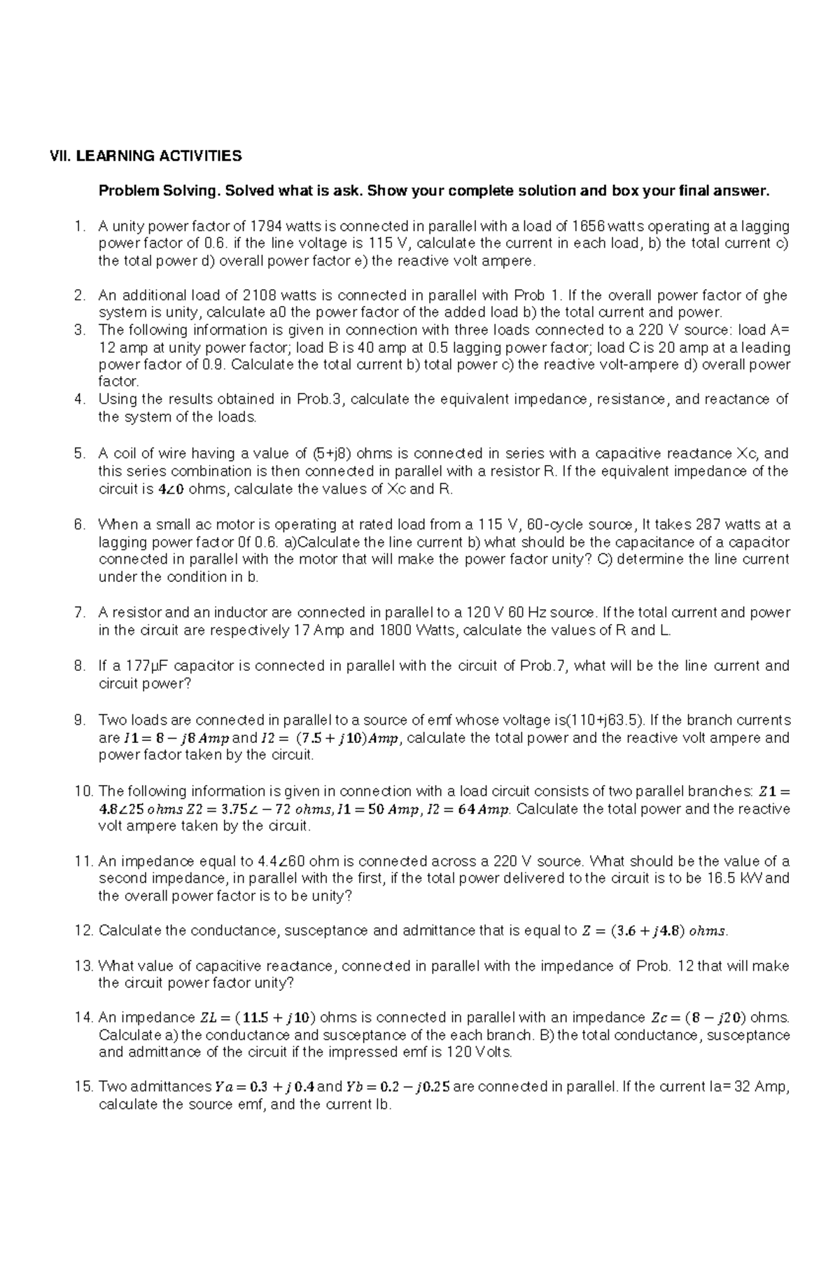 Parallel AC Circuits - VII. LEARNING ACTIVITIES Problem Solving. Solved ...