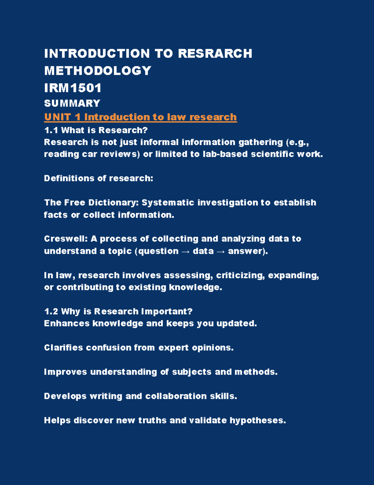 IRM1501 Introduction to Research Methodology Unit 1 Summary - Studocu