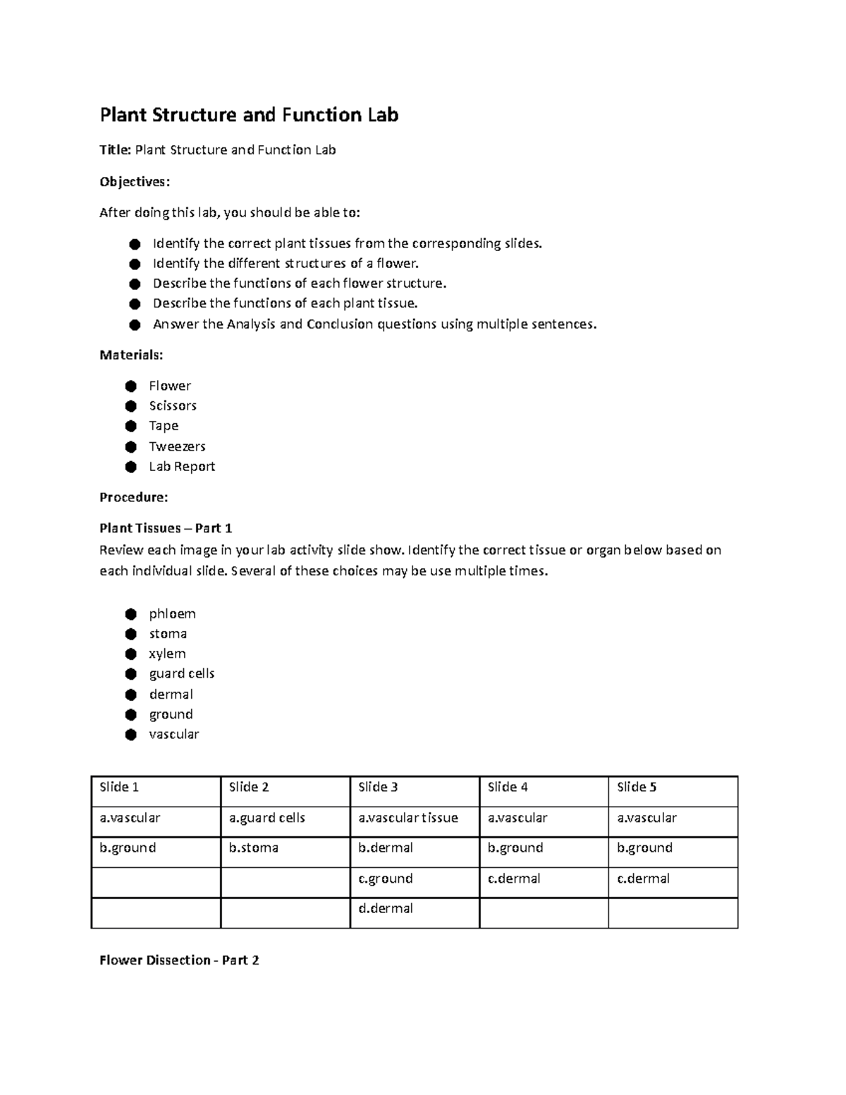 PLNT 101: Virtual Lab Report on Plant Structure and Function - Studocu