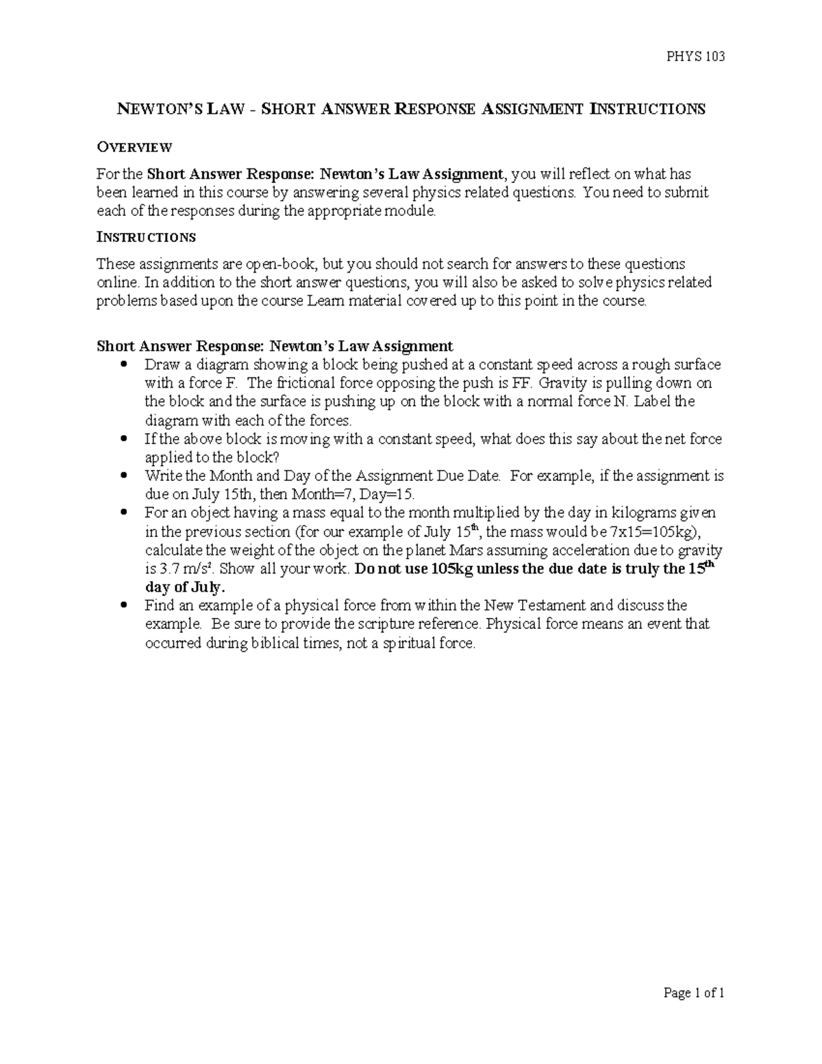 PHYS 103 Short Answer Response Assignment: Newton's Law - Studocu