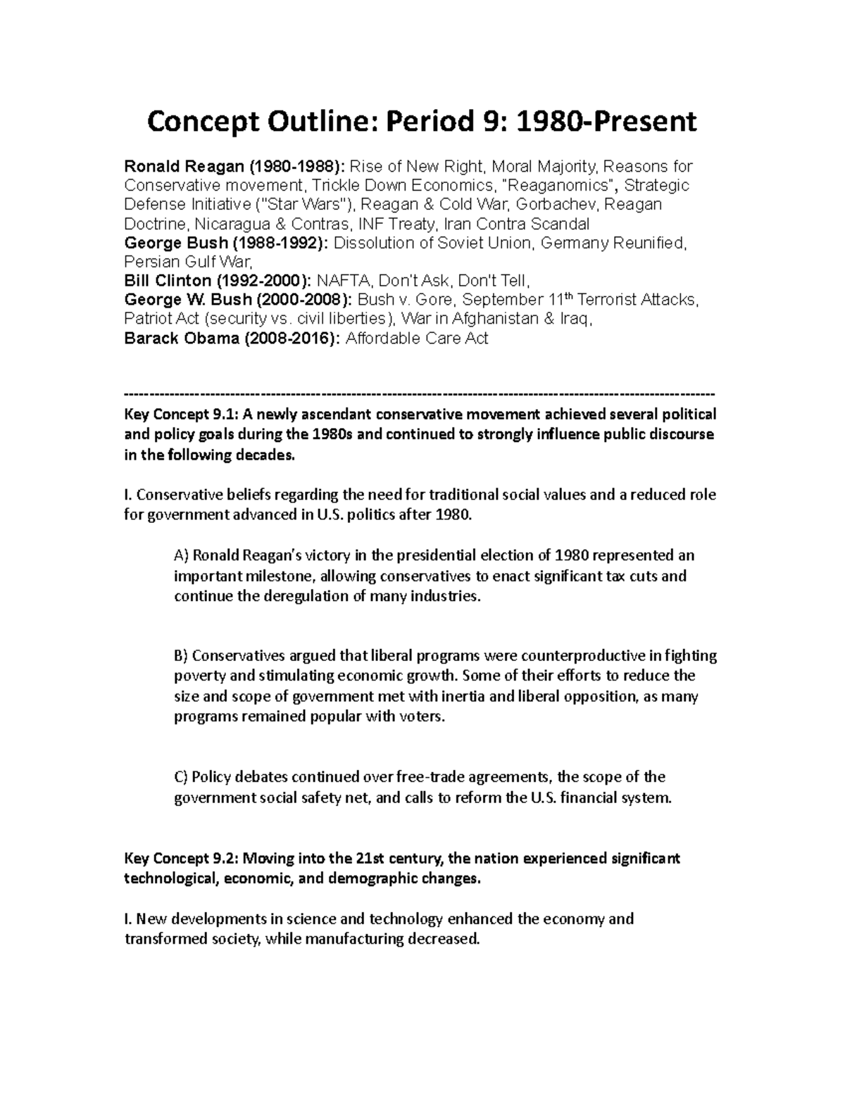 Period 9 Key Concept Outline (1980-Present) for APUSH Studies - Studocu