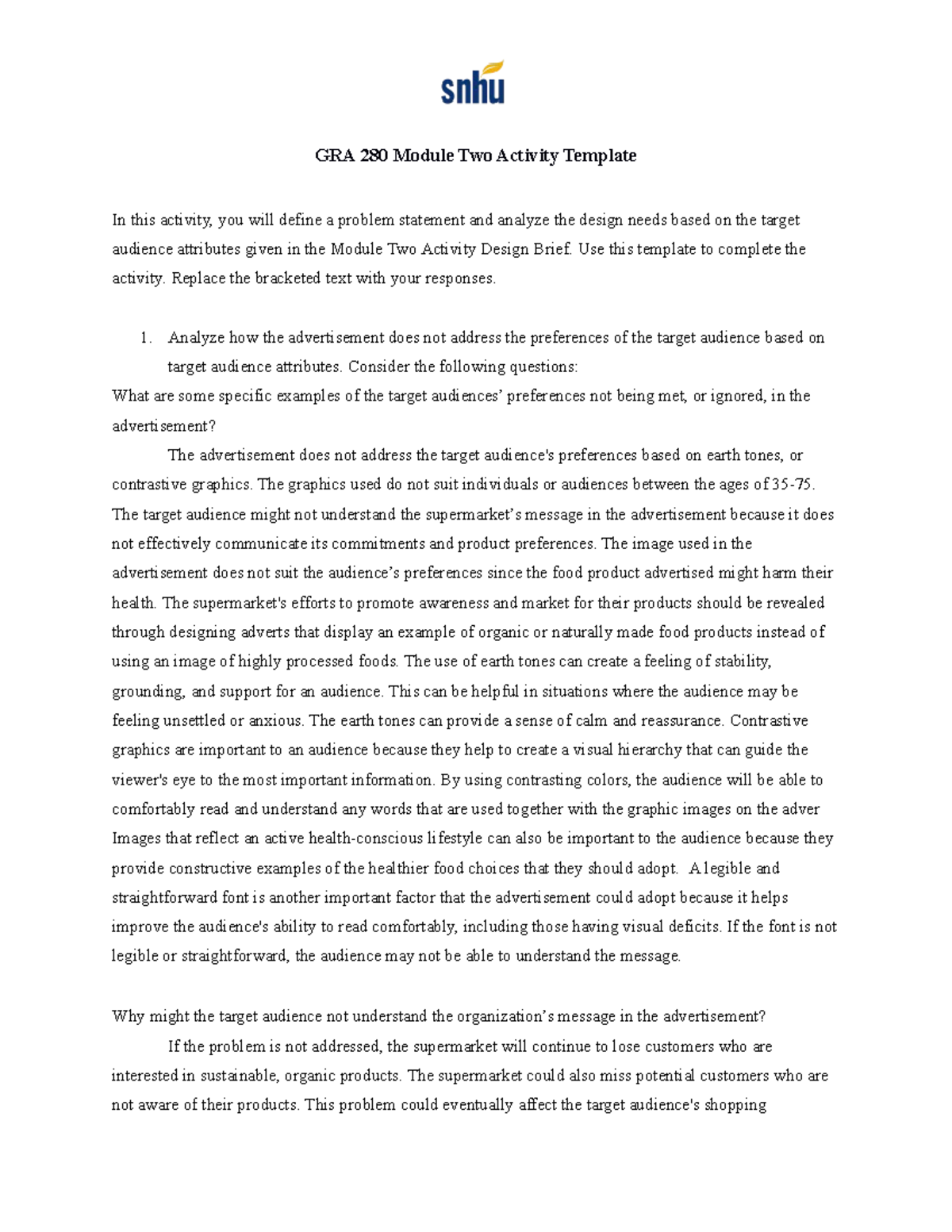 Defining the Problem Statement - GRA 280 Module Two Activity Template ...