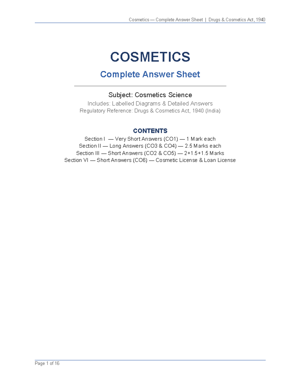 Cosmetics Answer Sheet: Detailed Study on Drugs & Cosmetics Act, 1940 ...