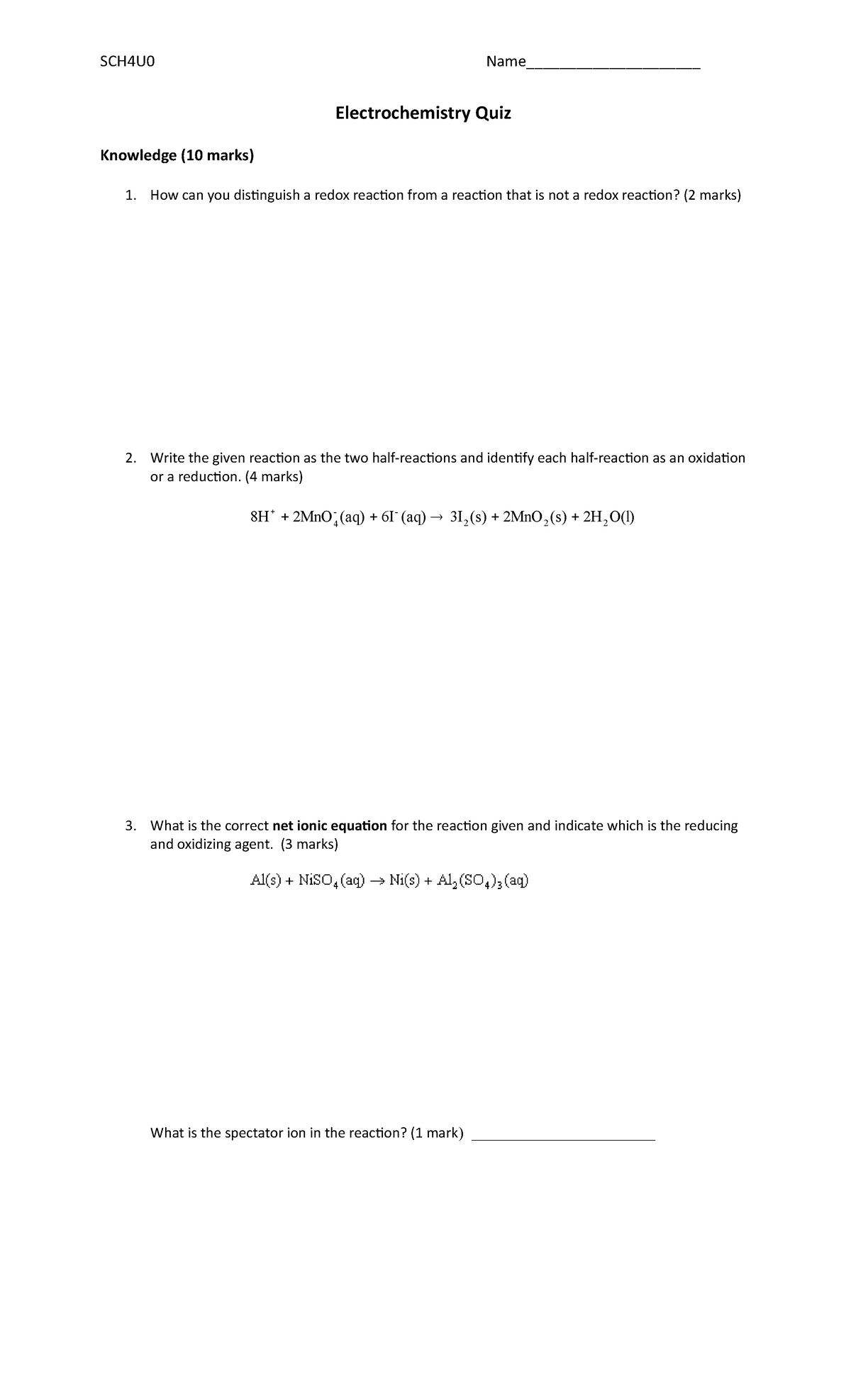 Electrochemistry Quiz s17 - SCH4U0 Name ...