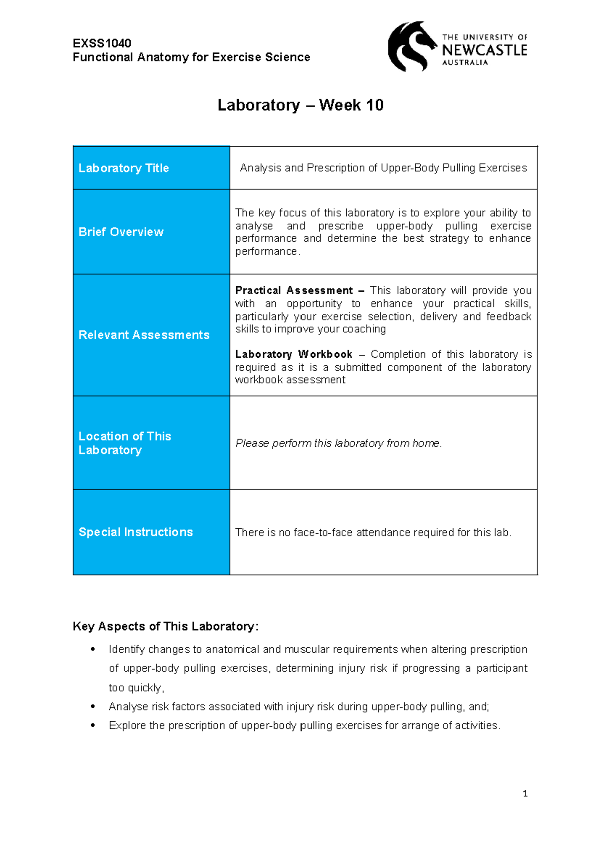 EXSS1040 Week 10 Lab: Analysis & Prescription of Pulling Exercises - Studocu
