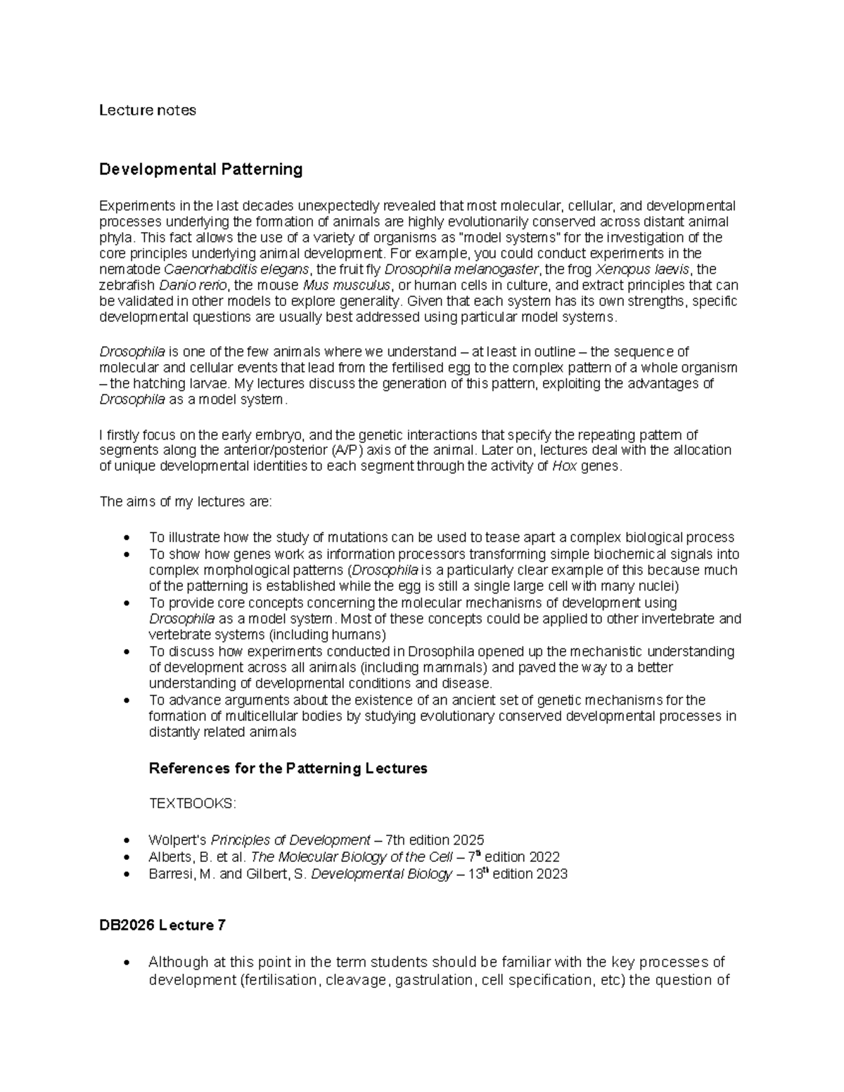 DB2026 Lecture Notes: Developmental Patterning in Drosophila - Studocu