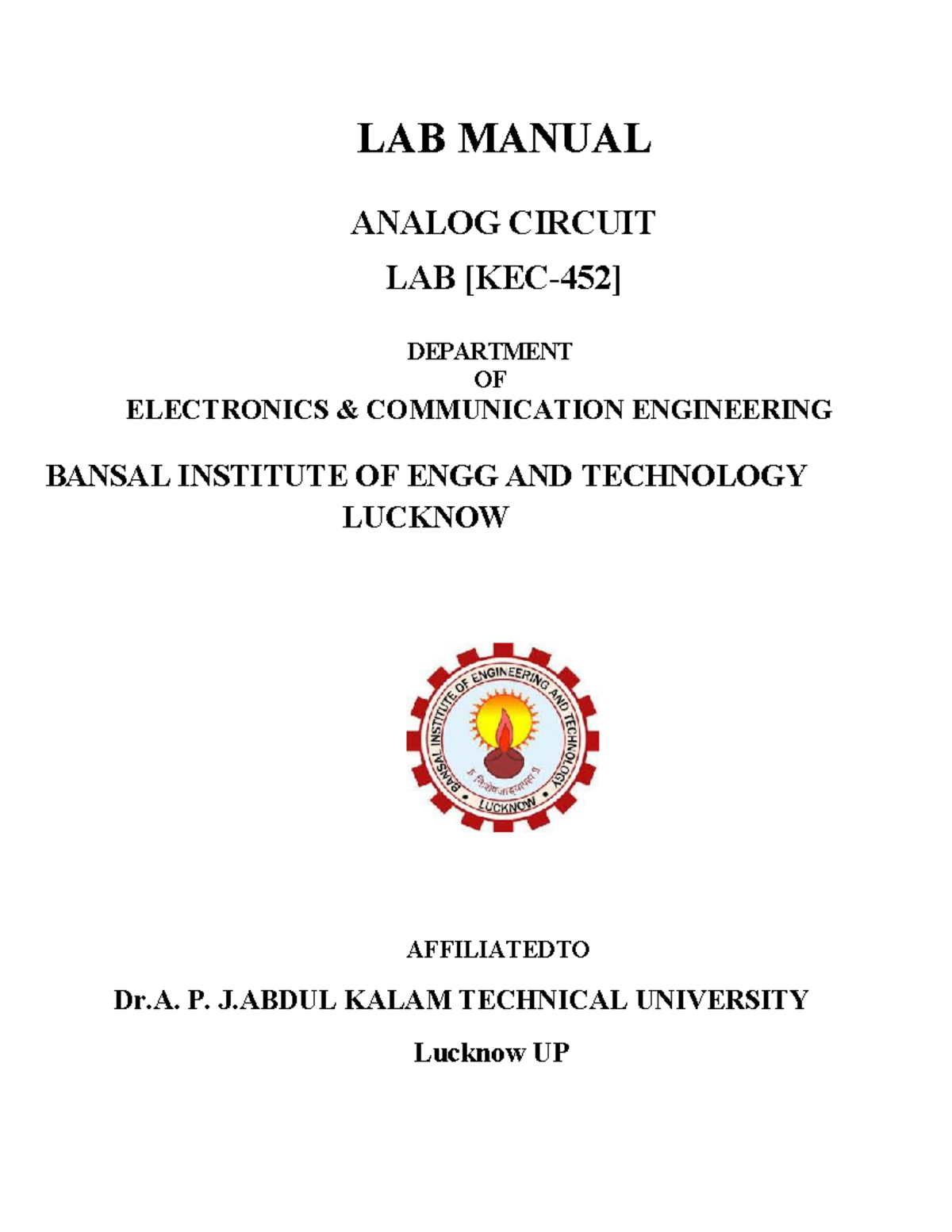 KEC 452 Analog Circuit Lab Manual - Comprehensive Experiments Guide ...