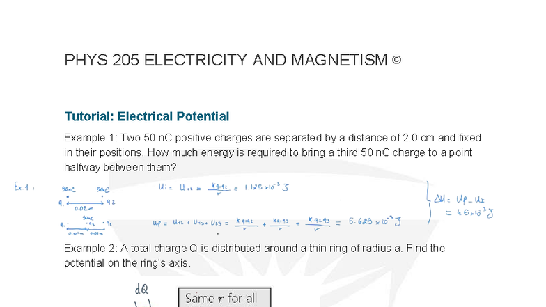 PHYS 205 ELECTRICITY AND MAGNETISM Tutorial: Electrical Potential Examples - Studocu