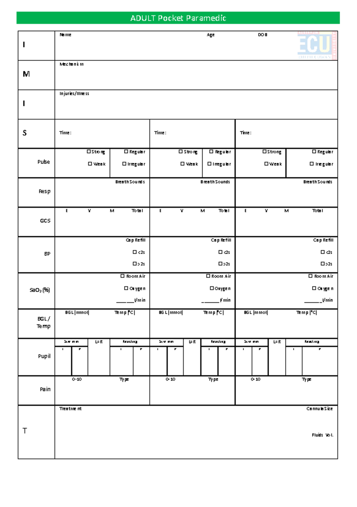 Practical - Adult Handover Card - ADULT Pocket Paramedic Name Age DOB I ...
