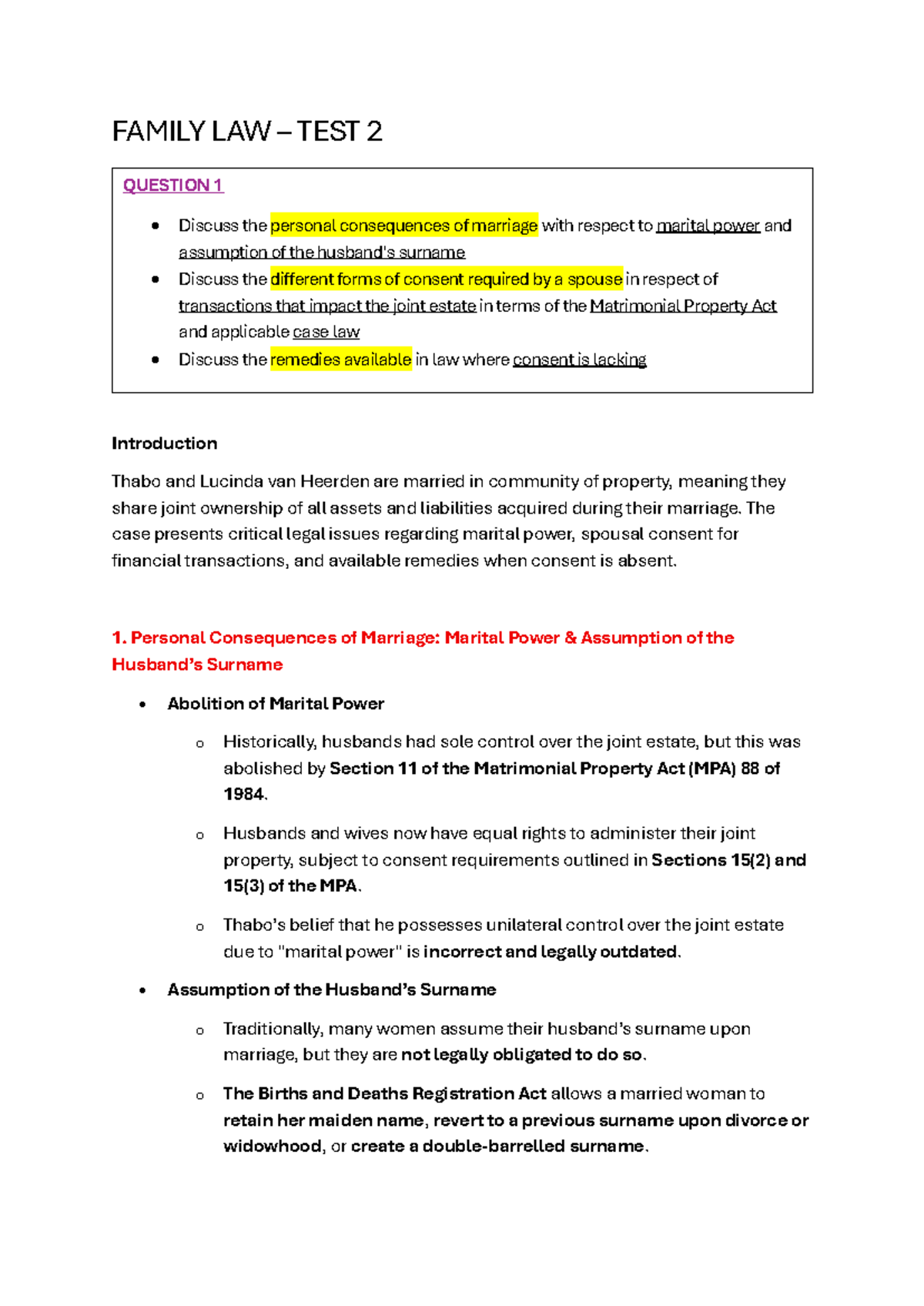 FAMILY LAW TEST 2: Marital Power, Consent, and Annulment Analysis - Studocu