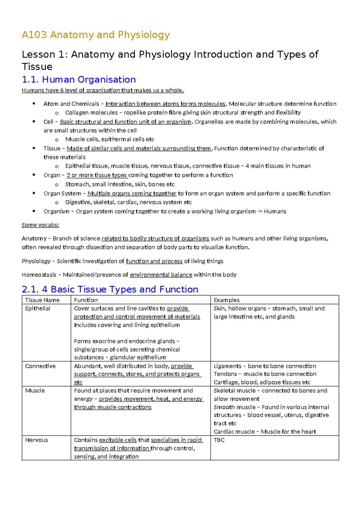 A103 Anatomy and Physiology: Comprehensive Lesson Notes on Tissues and ...