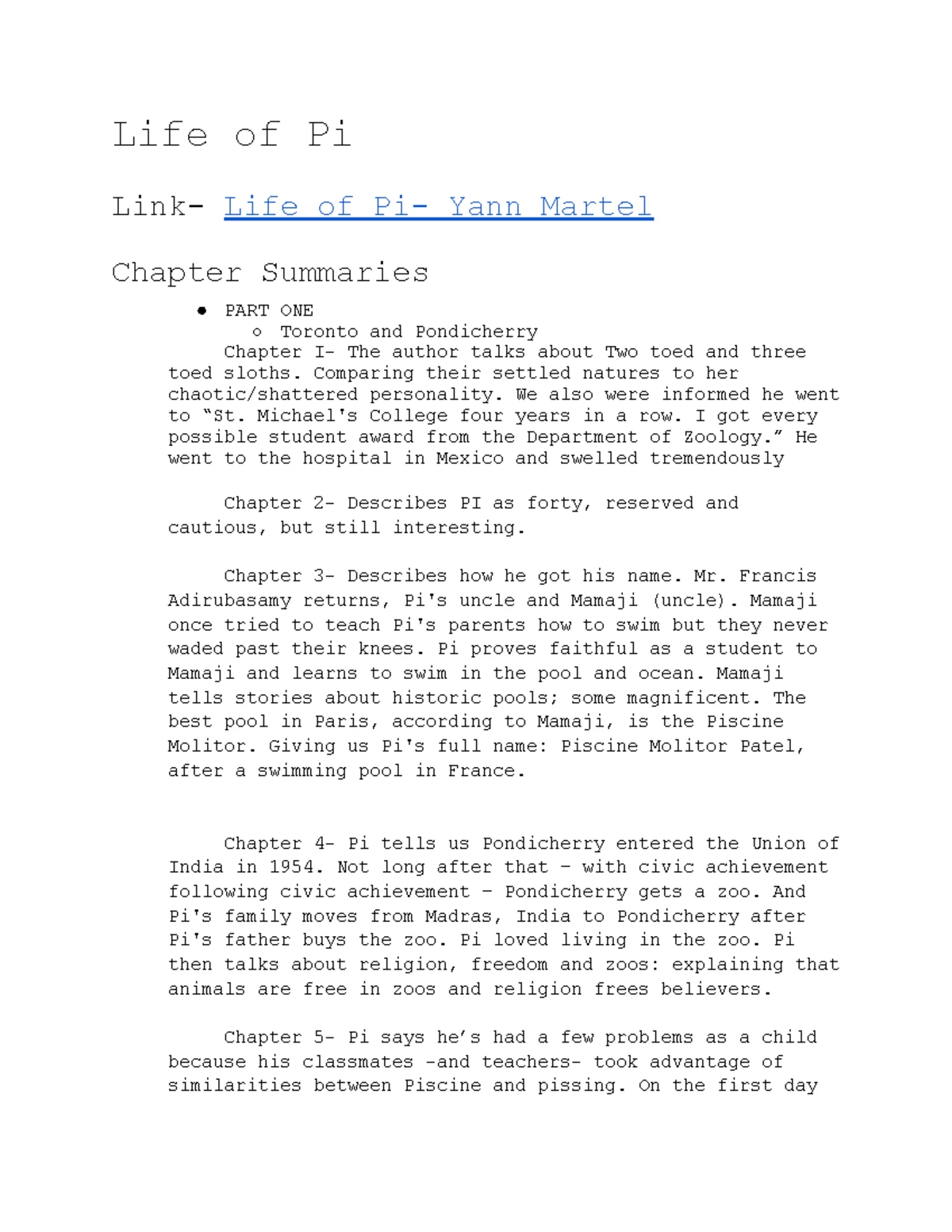 English Life of Pi (ENG101) - Themes, Chapter Summaries & Analysis ...