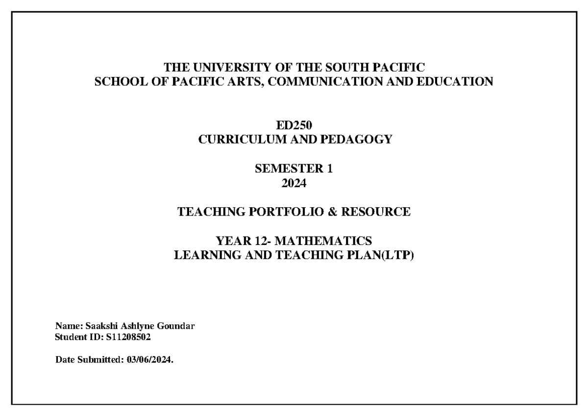 ED250 Teaching Portfolio: Year 12 Mathematics Learning Plan S11208502 ...