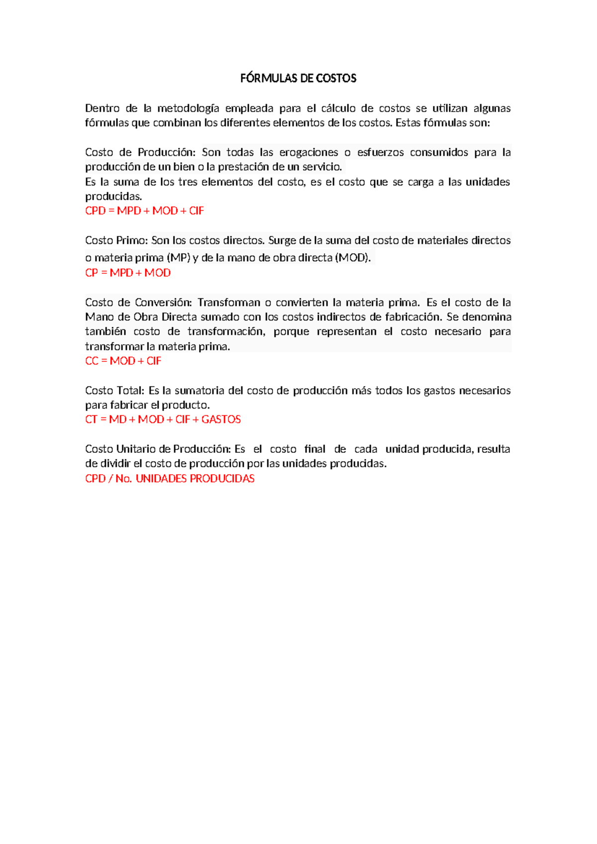 Fórmulas de Costos: Cálculo para Producción y Gestión Financiera - Studocu