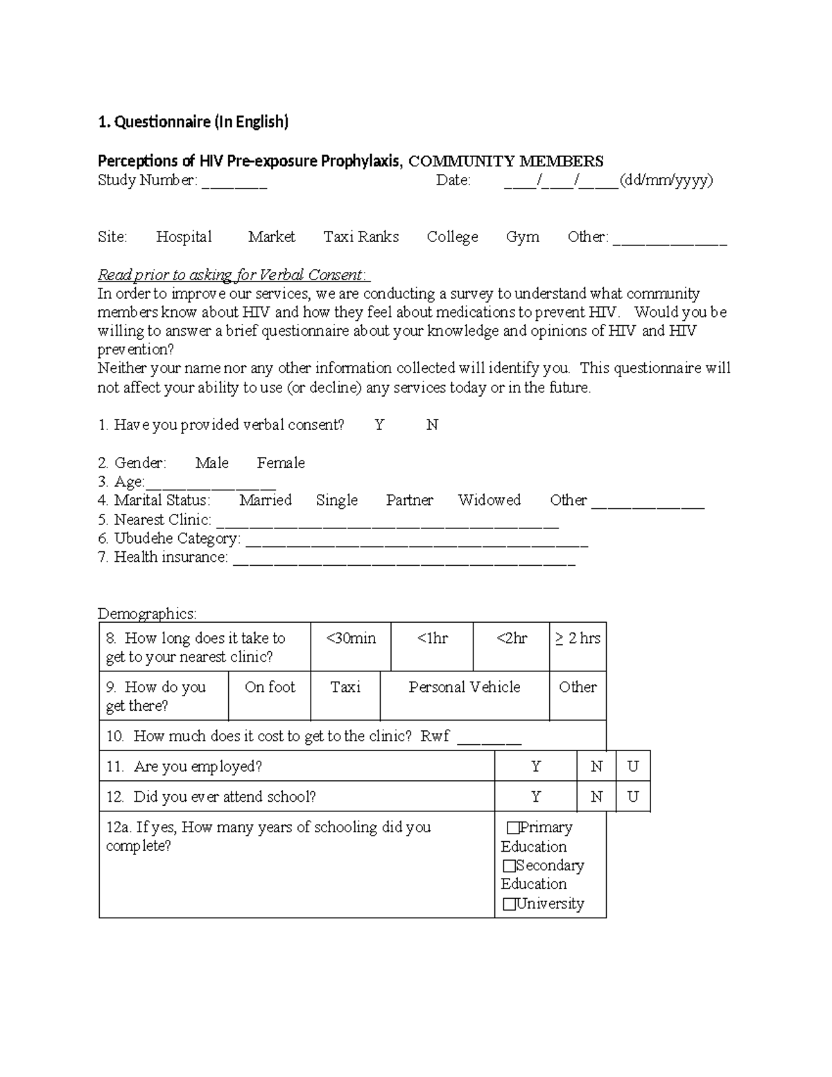 Questionnaire on Community Perceptions of HIV Prophylaxis (HIV 101 ...