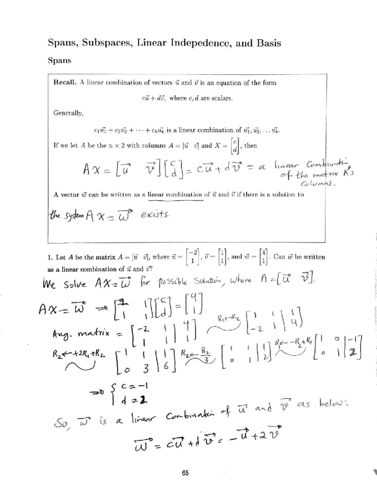 Linear Algebra Concepts: Spans, Subspaces, and Independence (39611 ...