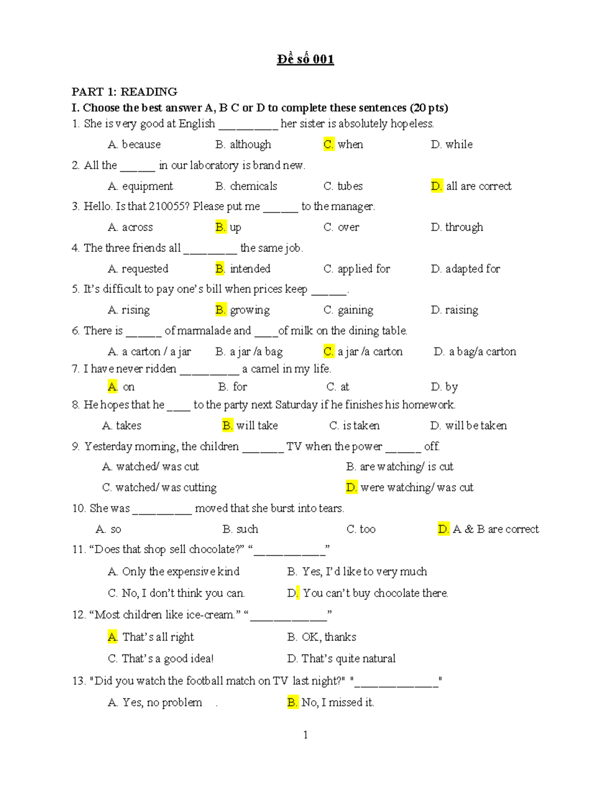Đề số 001: Test SAT Reading and Comprehension Practice - Studocu