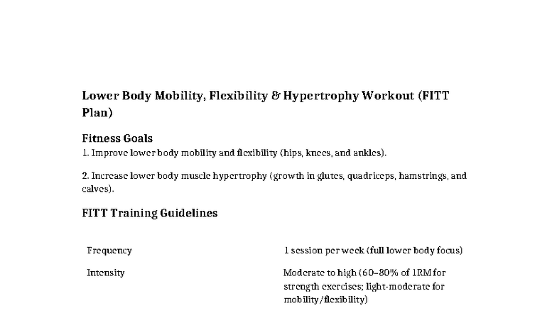 Lower Body Mobility & Hypertrophy Workout Plan (FITT) - Studocu