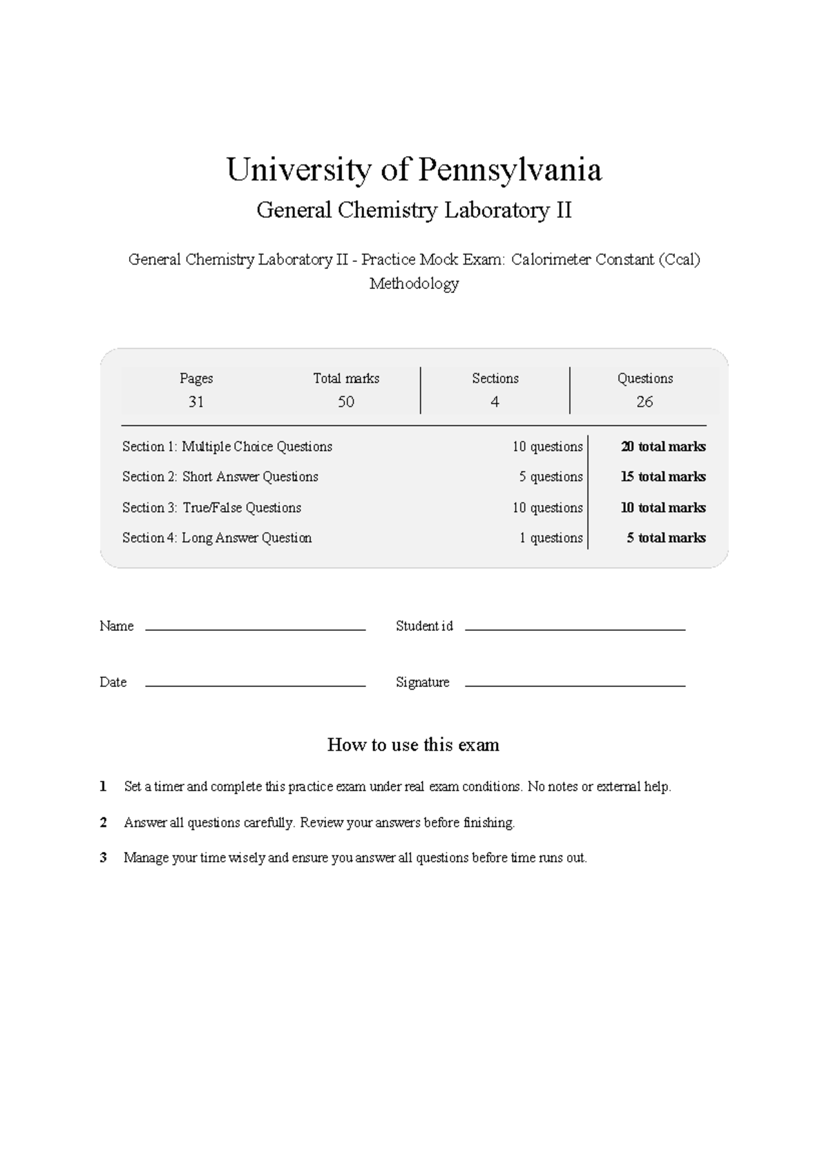 CHEM 054 General Chemistry Lab II: Ccal Mock Exam Practice 2026 - Studocu