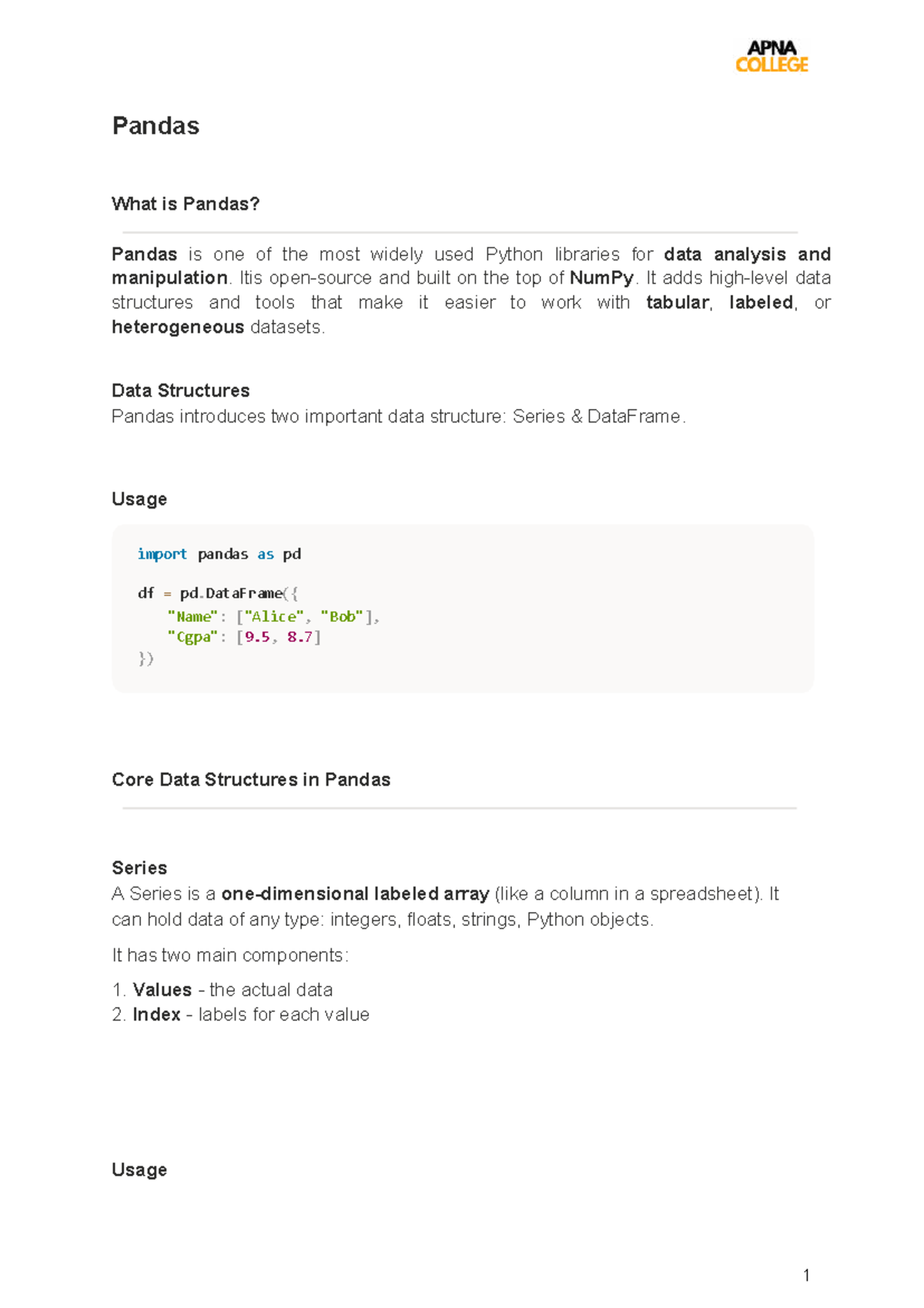 Pandas (CS101) Lecture Notes: Data Structures & Usage - Studocu