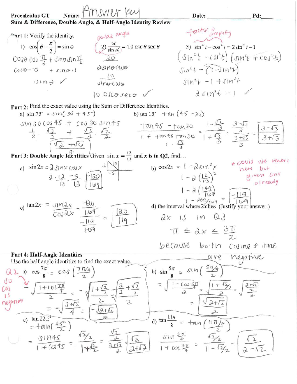 Precalculus GT: Angle Identities Review - Answer Key - Studocu