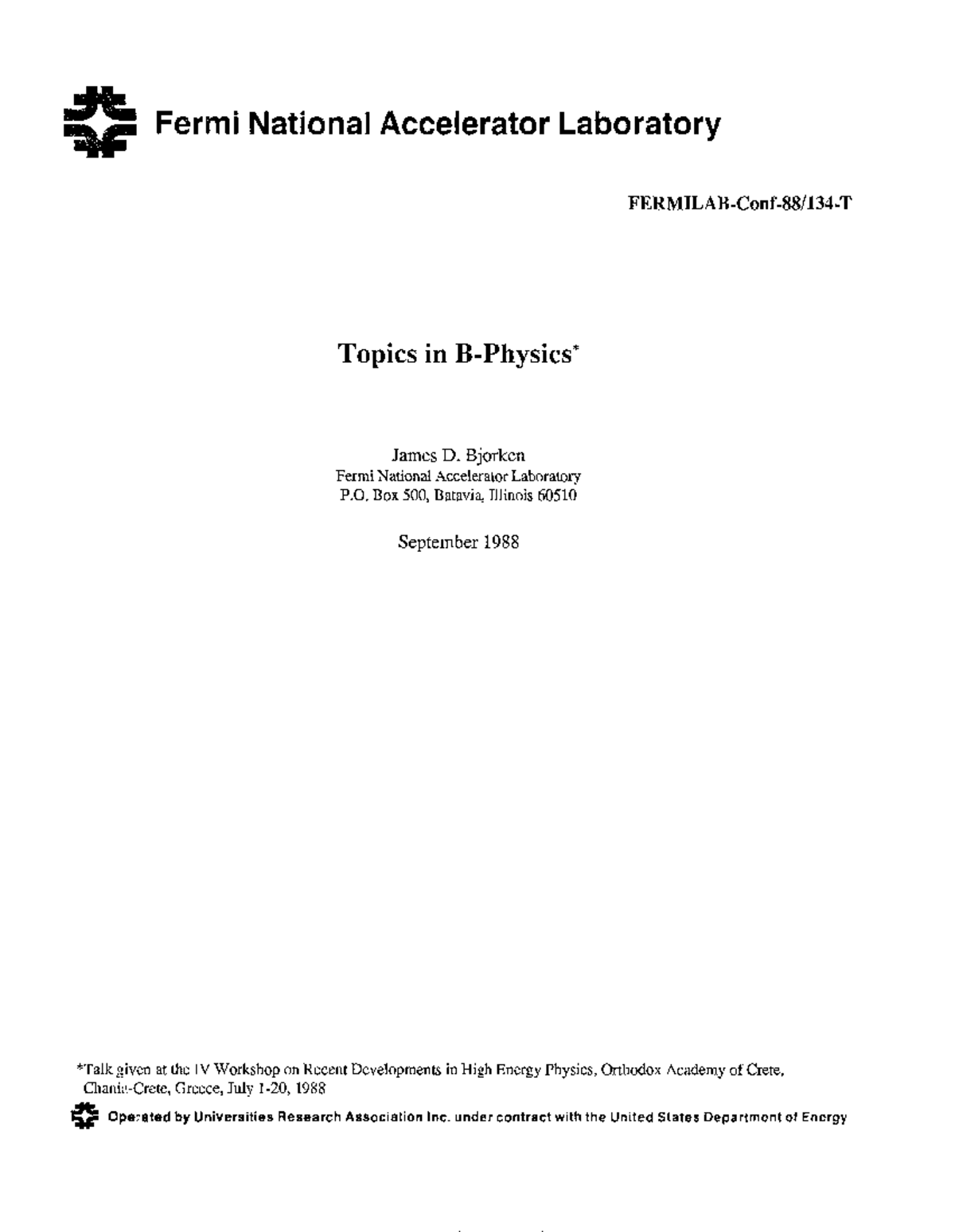Topics in B-Physics (1998) - Insights from Fermi National Accelerator ...