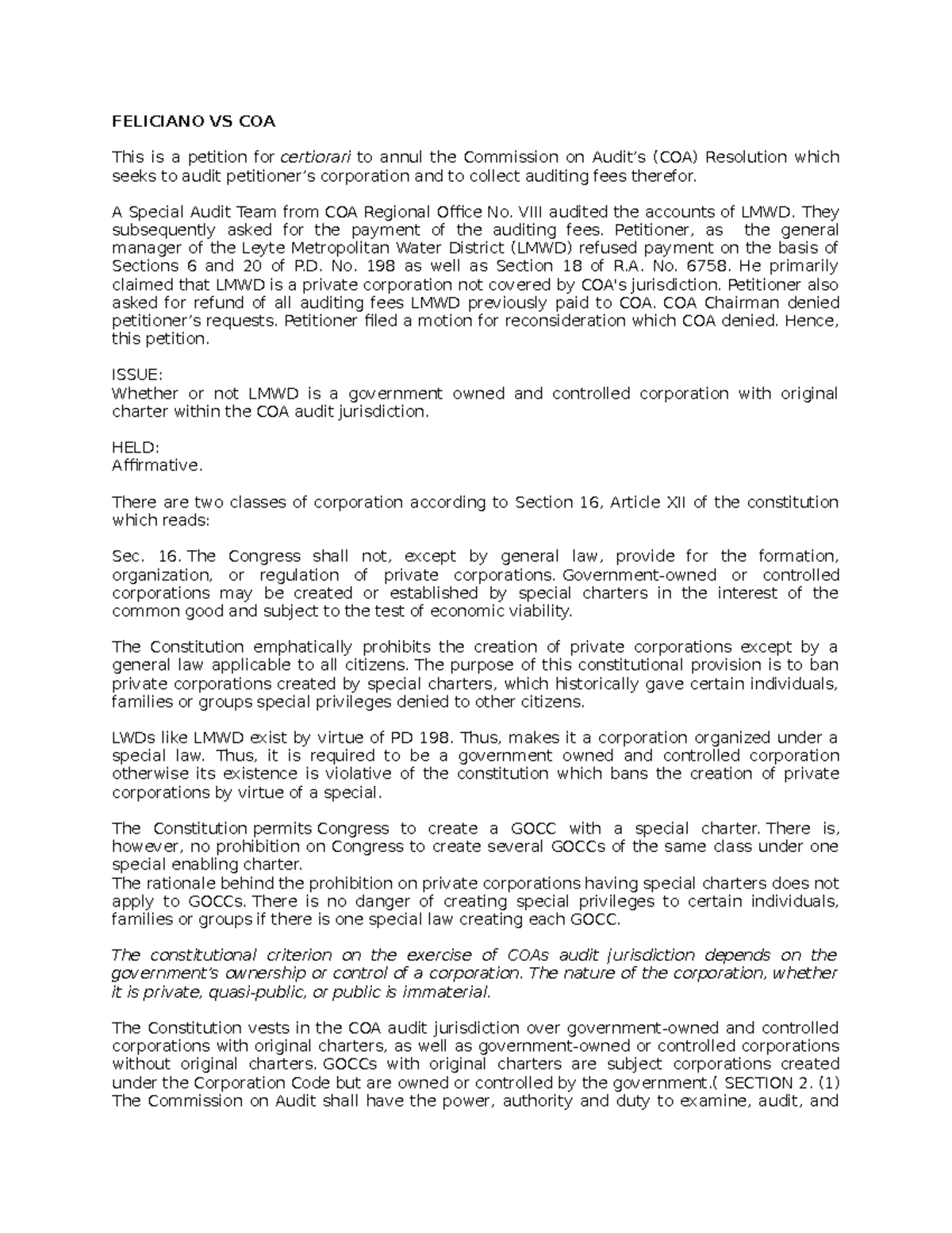 FELICIANO VS COA: Jurisdiction of COA Over LMWD Auditing Fees - Studocu