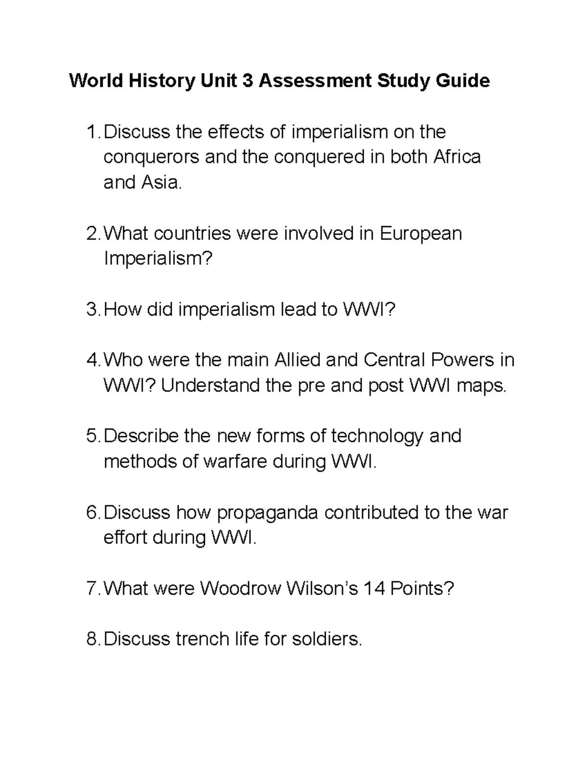 World History Unit 3 assessment study guide on imperialism and WWI ...