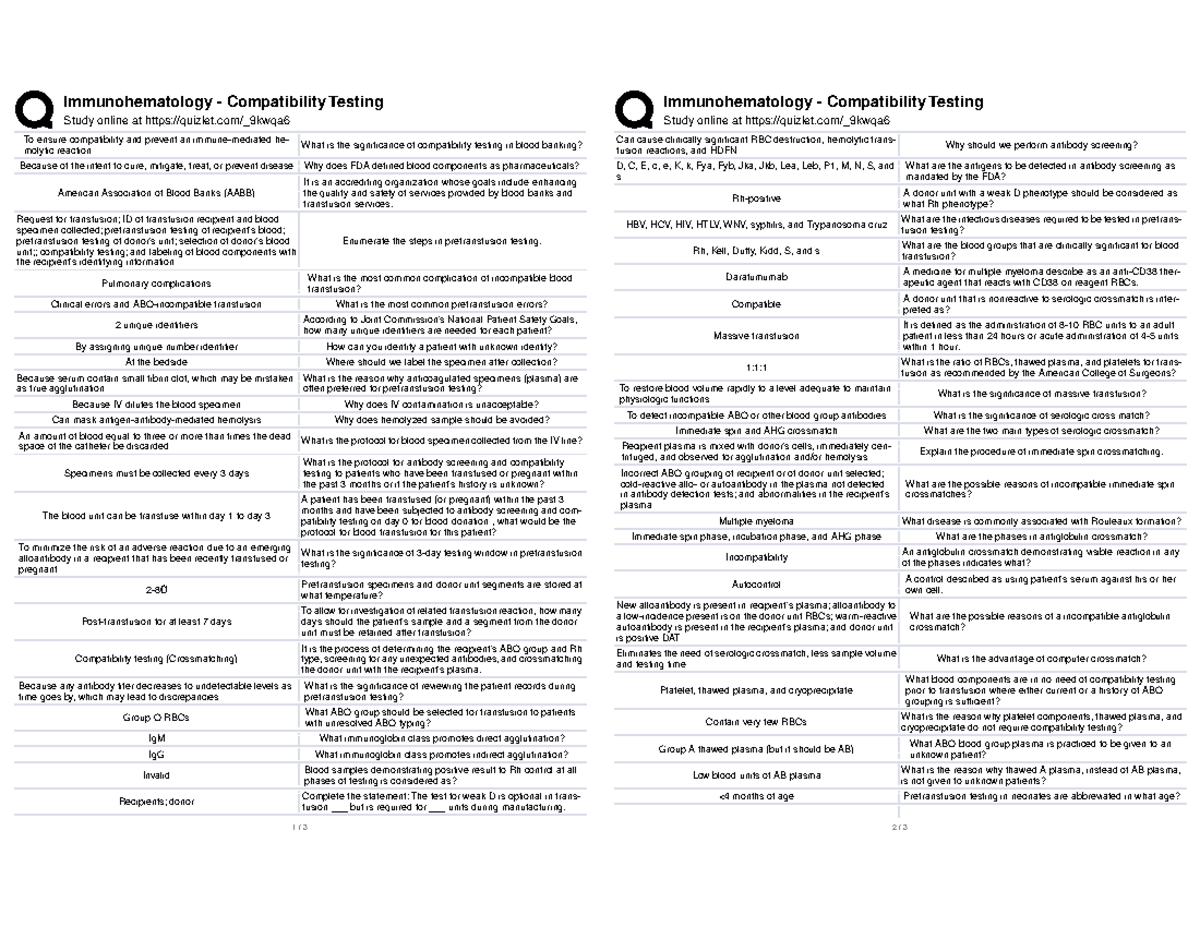 Immunohematology Compatibility Testing Questions for Blood Banking ...