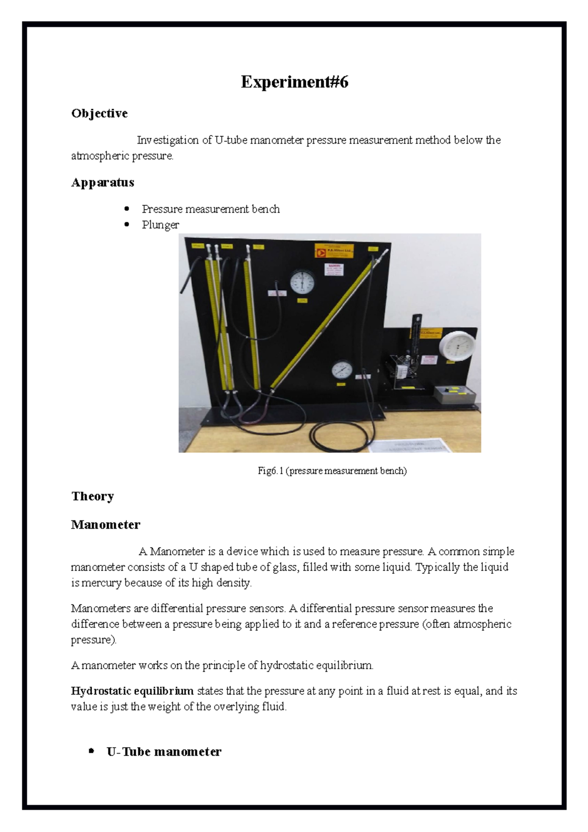 Experiment 6 - U-Tube Manometer Pressure Measurement in Thermodynamics ...