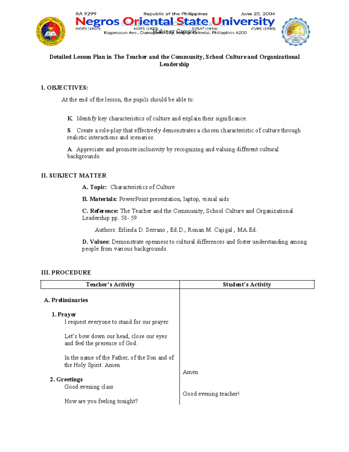 Detailed Lesson Plan: Characteristics of Culture (EDUC 101) - Studocu