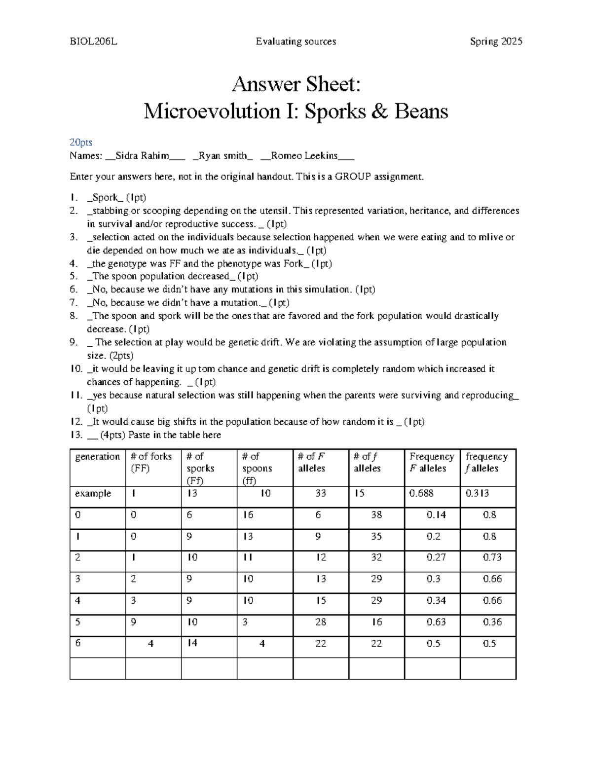 BIOL206L Microevolution I Group Answer Sheet Spring 2025 - Studocu