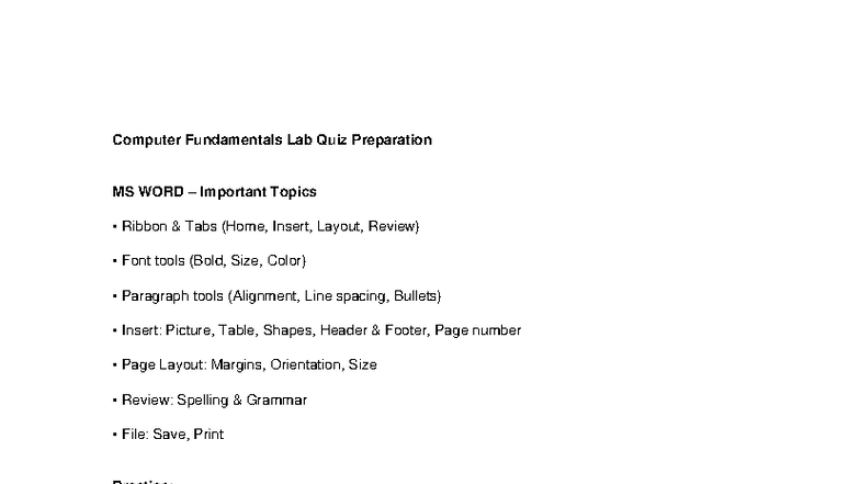 Computer Fundamentals Lab Quiz Prep: MS Word, Excel, PowerPoint - Studocu