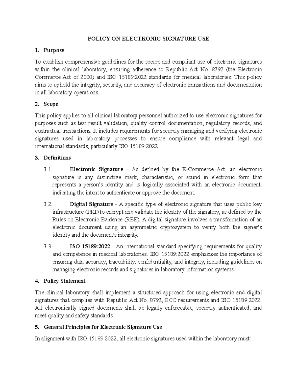 Policy on Electronic Signature Use in Clinical Laboratories (ISO 15189: ...