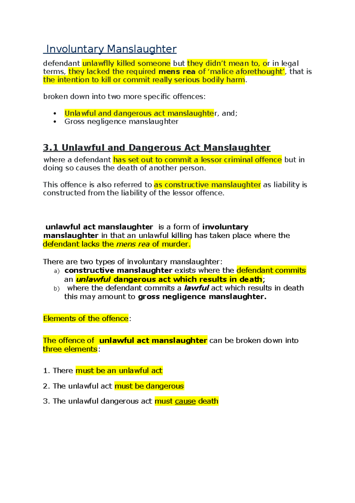 Involuntary Manslaughter: Problem Question Notes (LAW 101) - Studocu