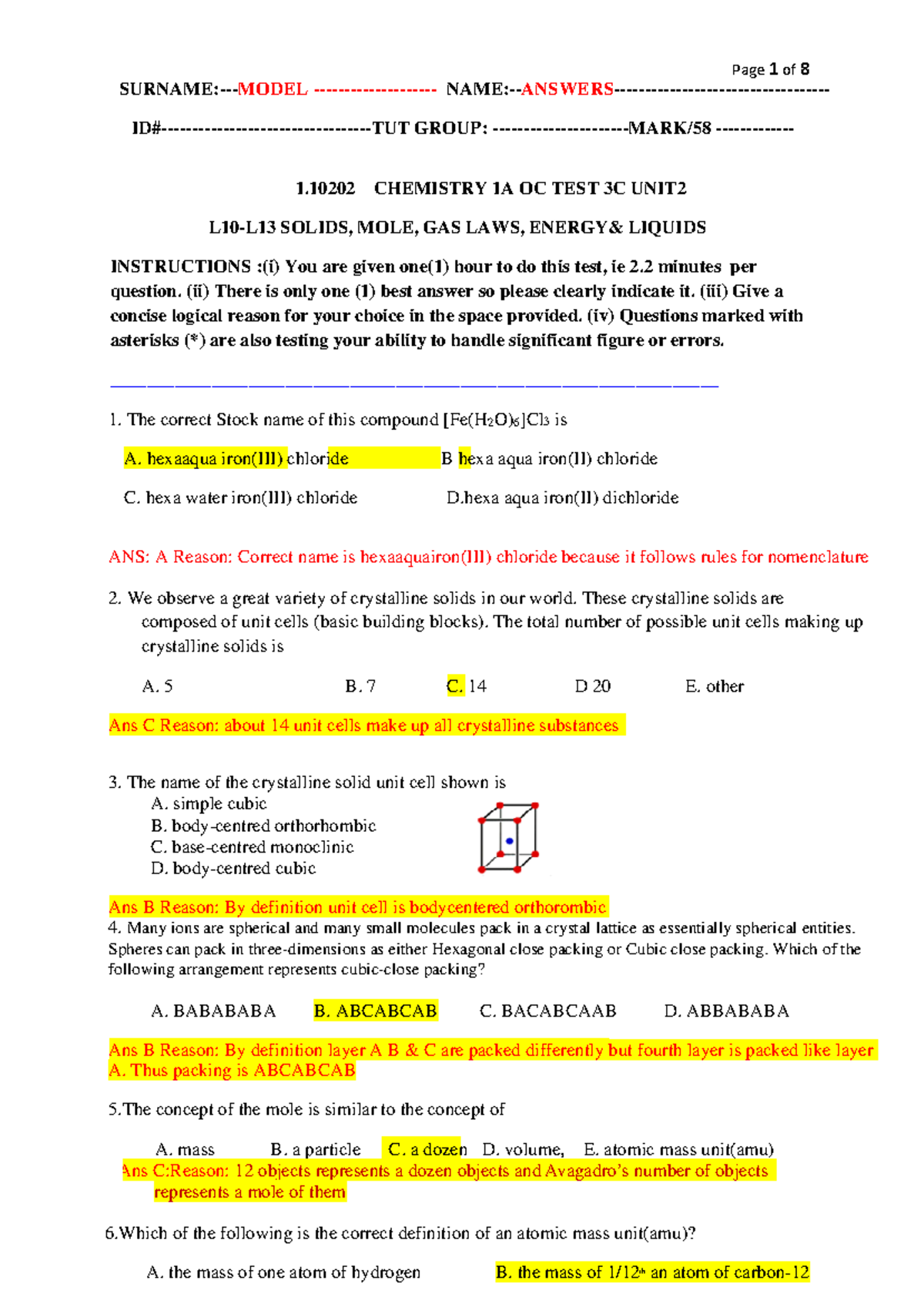 ANS CHEM 1A OC TEST 3C: Solids, Mole, Gas Laws, Liquids - Studocu
