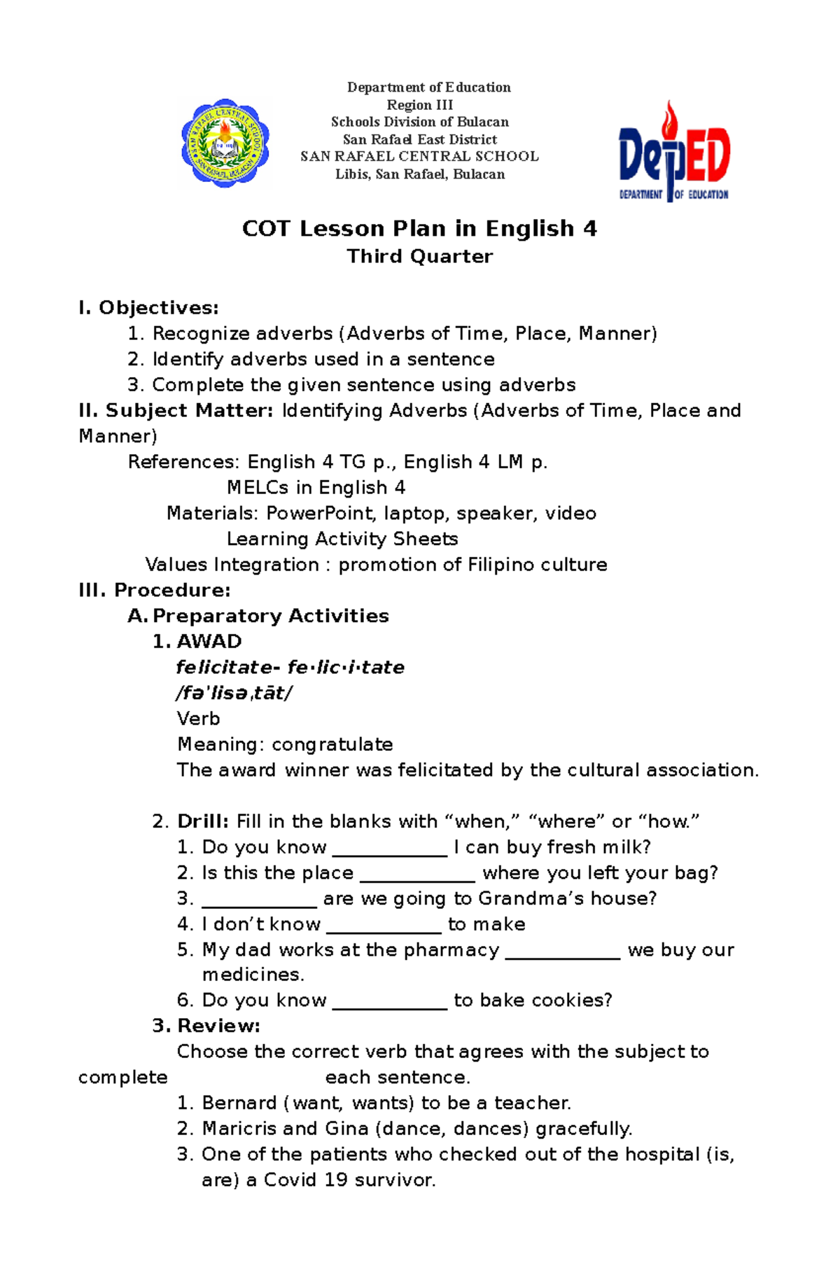 COT Lesson Plan in English 4 3rd Quarter - Department of Education Region III Schools Division ...