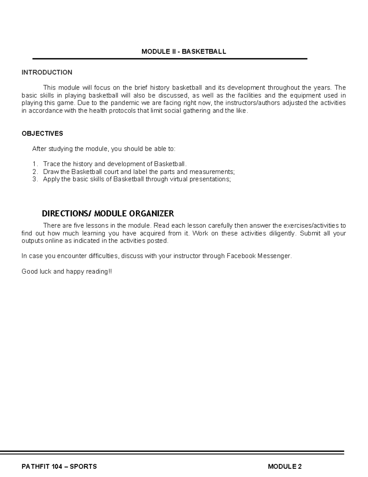 Basketball Lesson II - DIRECTIONS/ MODULE ORGANIZER MODULE II ...