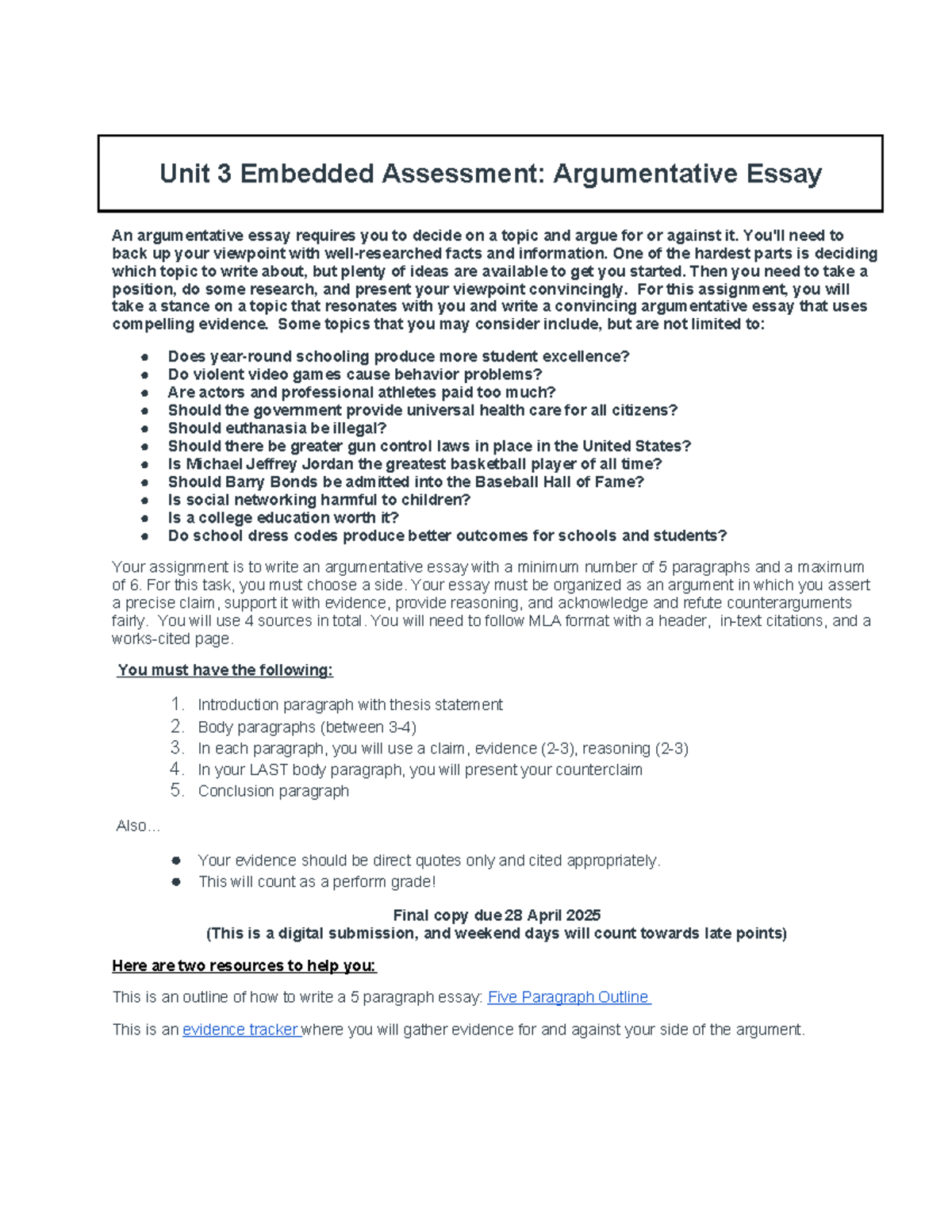 S25 Unit 3 Embedded Assessment: Tips for Argumentative Essay Writing ...