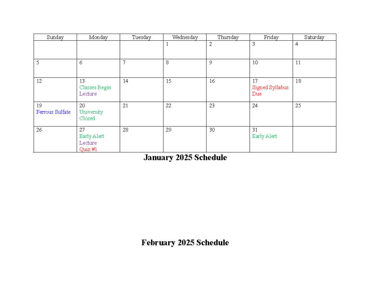 Spring Semester 2025 Calendar 2 - 1 2 3 4 5 6 7 8 9 10 11 12 13 Classes ...
