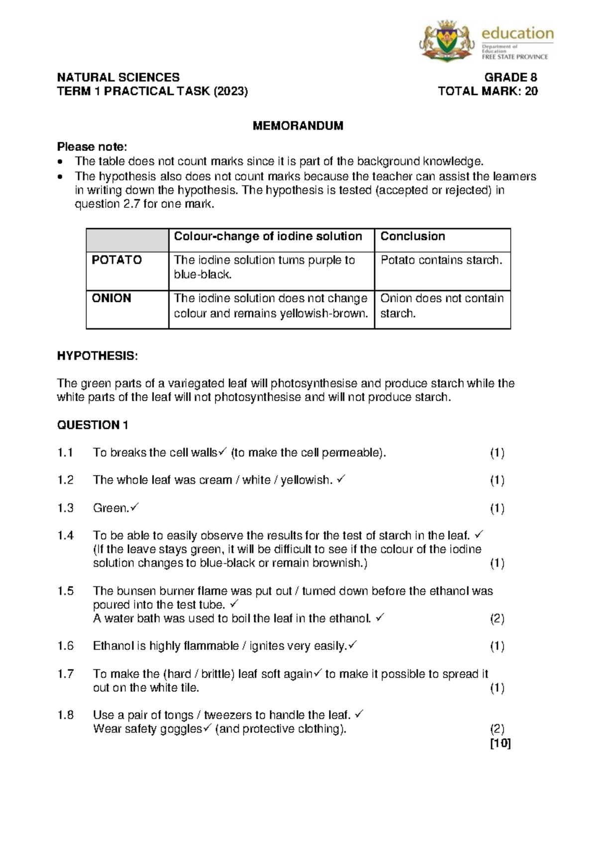 NS Gr8 Term 1 2023 Practical Task Memo for Starch Investigation - Studocu
